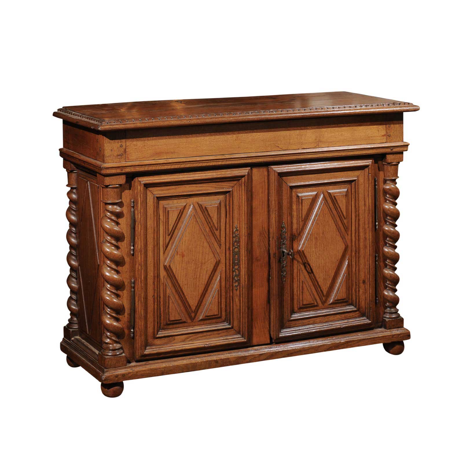 French Louis XIII Style 1860s Diamond Motif Oak Buffet with Barley ...