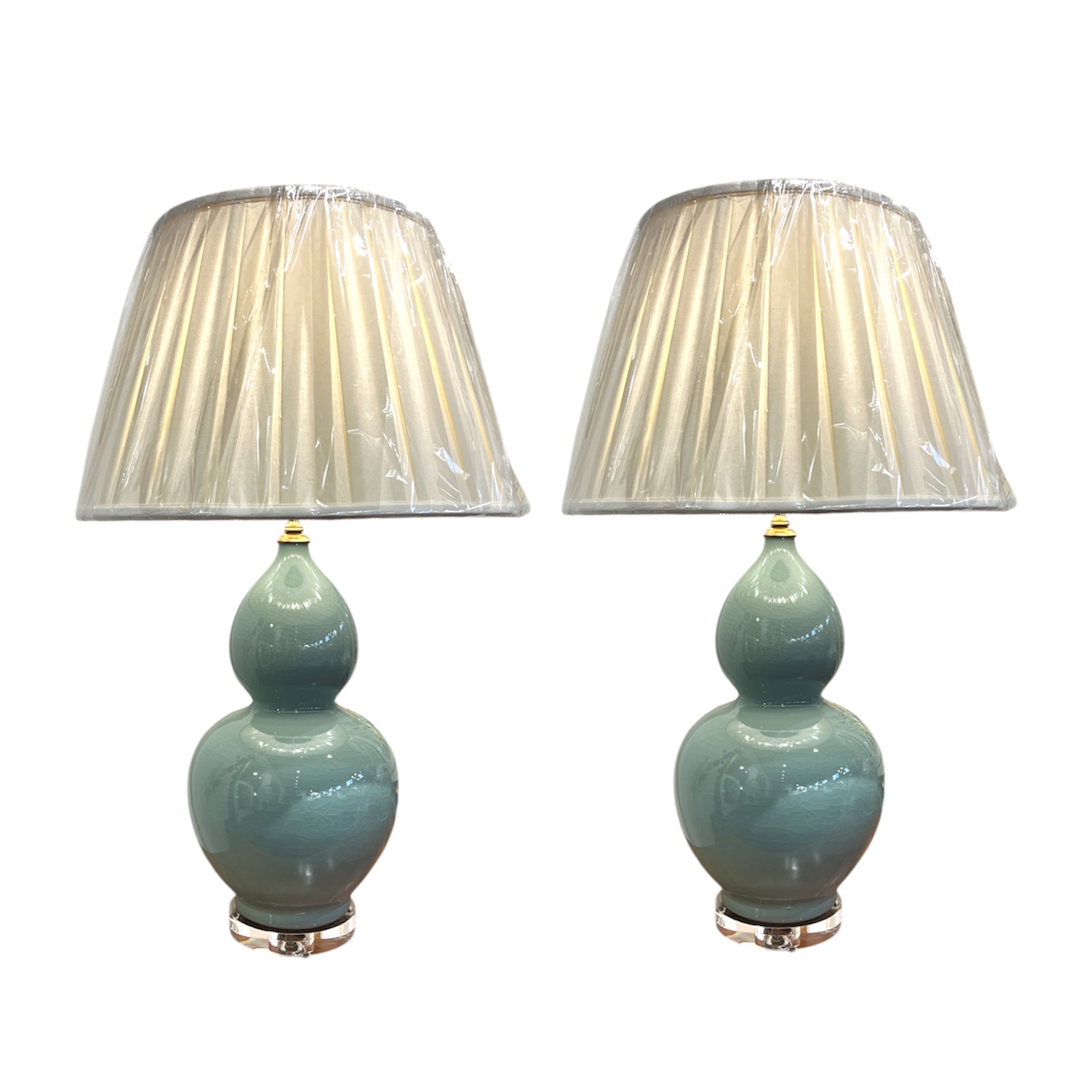 Pair of Teal Double Gourd Pottery Lamps - Foxglove Antiques Collective